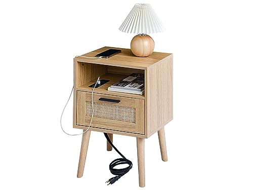 Labcosi Mid Century Modern End Table, Natural Rattan Nightstand with Charging Station, Wooden Bedside Tables for Living Room and Bedroom, Natural Wood Side Table with Storage Drawer