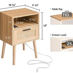 Labcosi Mid Century Modern End Table, Natural Rattan Nightstand with Charging Station, Wooden Bedside Tables for Living Room and Bedroom, Natural Wood Side Table with Storage Drawer