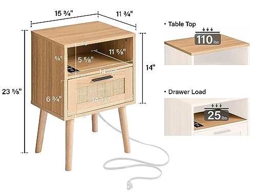 Labcosi Mid Century Modern End Table, Natural Rattan Nightstand with Charging Station, Wooden Bedside Tables for Living Room and Bedroom, Natural Wood Side Table with Storage Drawer