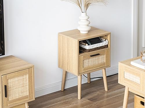 Labcosi Mid Century Modern End Table, Natural Rattan Nightstand with Charging Station, Wooden Bedside Tables for Living Room and Bedroom, Natural Wood Side Table with Storage Drawer