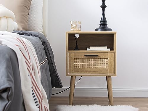 Labcosi Mid Century Modern End Table, Natural Rattan Nightstand with Charging Station, Wooden Bedside Tables for Living Room and Bedroom, Natural Wood Side Table with Storage Drawer