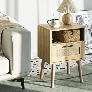 Labcosi Mid Century Modern End Table, Natural Rattan Nightstand with Charging Station, Wooden Bedside Tables for Living Room and Bedroom, Natural Wood Side Table with Storage Drawer