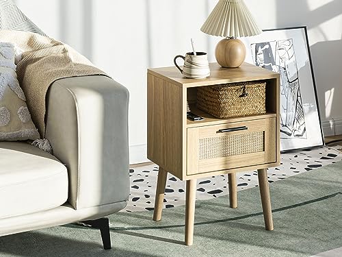 Labcosi Mid Century Modern End Table, Natural Rattan Nightstand with Charging Station, Wooden Bedside Tables for Living Room and Bedroom, Natural Wood Side Table with Storage Drawer