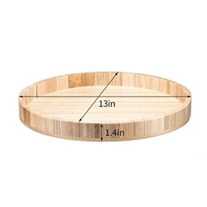 13 Inches Large Solid Wooden Serving Tray Round Tea Coffee Table Tray Snack Food Meals Serving Plate Kitchen Party Bar Server Breakfast Tray with Raised Edges Nature Wood Ottoman Tray