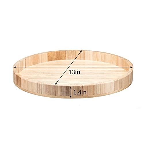 13 Inches Large Solid Wooden Serving Tray Round Tea Coffee Table Tray Snack Food Meals Serving Plate Kitchen Party Bar Server Breakfast Tray with Raised Edges Nature Wood Ottoman Tray