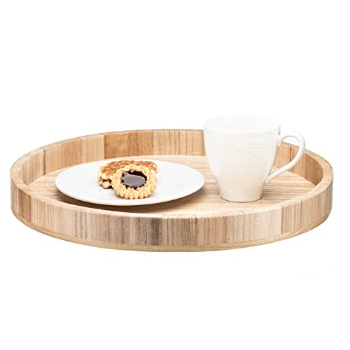 13 Inches Large Solid Wooden Serving Tray Round Tea Coffee Table Tray Snack Food Meals Serving Plate Kitchen Party Bar Server Breakfast Tray with Raised Edges Nature Wood Ottoman Tray