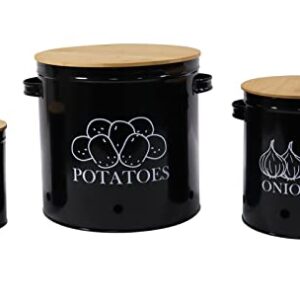 Gdfjiy Onion and Potato Storage, Set of 3 Antique Cream Vintage Potato Onion, Home Space-Saving Kitchen Canisters with Bamboo Lid & Handles - Airtight Potato, Onion & Garlic Keeper for Vegetable Storage - Long Shelf Life (Black)