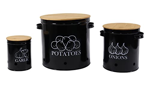 Gdfjiy Onion and Potato Storage, Set of 3 Antique Cream Vintage Potato Onion, Home Space-Saving Kitchen Canisters with Bamboo Lid & Handles - Airtight Potato, Onion & Garlic Keeper for Vegetable Storage - Long Shelf Life (Black)