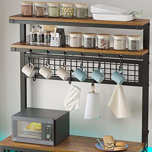 Itaar Bakers Rack with Power Outlet, 6-Tier Coffee Bar, Microwave Stand with Wine Rack, LED Lights and 10 Hooks, Bakers Racks for Kitchens with Storage, Rustic Brown