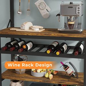 Itaar Bakers Rack with Power Outlet, 6-Tier Coffee Bar, Microwave Stand with Wine Rack, LED Lights and 10 Hooks, Bakers Racks for Kitchens with Storage, Rustic Brown