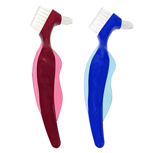 AIWAYING Premium Hard Denture Brush Toothbrush, Double Sided Brush for False Teeth Cleaning 2Pack (Blue,Red)