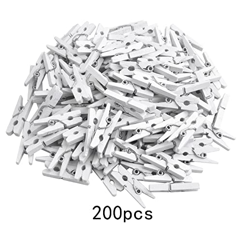 200pcs Mini White Utility Wood Photo Paper Clips Sturdy Small Wooden Clothespins Clothes Line Clips for Scrapbooking Crafts Display Hanging Decorative Pictures