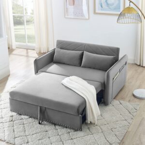 Sleeper Sofa Couch Bed w/2 USB Ports, 55" 3 in 1 Velvet Convertible Loveseat Sleeper Small Love seat Futon Sofa with Pullout Bed, Adjustable Backrest, 2 Pillows for Living Room Bedroom, Grey New