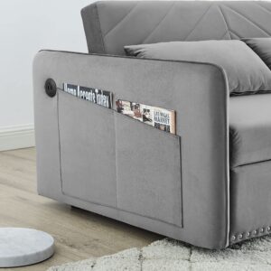 Sleeper Sofa Couch Bed w/2 USB Ports, 55" 3 in 1 Velvet Convertible Loveseat Sleeper Small Love seat Futon Sofa with Pullout Bed, Adjustable Backrest, 2 Pillows for Living Room Bedroom, Grey New