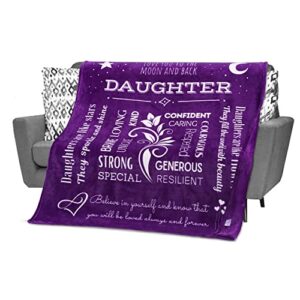 FILO ESTILO Daughter Birthday Gift from Mom, Dad or Both Parents, Daughter Blanket Filled with Words of Encouragement, Daughter Gifts from Mother or Father, Throw 60x50 Inches (Purple)