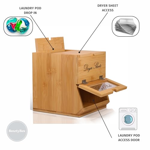 BoxetyBox Laundry Room Organization and Storage: Bamboo Container for Gel Pods and Dryer Sheets, Compatible with Tide and Gain Pods, Laundry Room Essential