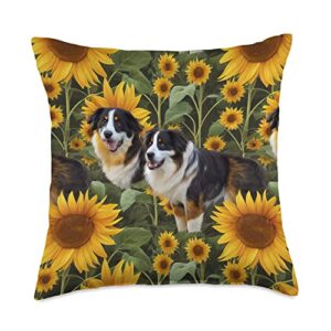 australian shepherds lovers accessories cute australian shepherds enchanted sunflower garden drawing throw pillow, 18x18, multicolor