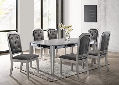 Liveasy Furniture Dining Table Set for 6, Kitchen & Dining Room Sets with Button Tufted Upholstered Chairs and Mirror Tile Edge (Silver/Grey)