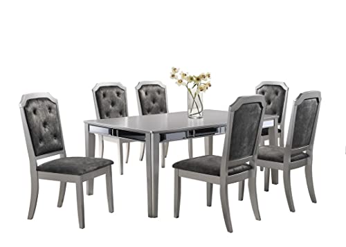 Liveasy Furniture Dining Table Set for 6, Kitchen & Dining Room Sets with Button Tufted Upholstered Chairs and Mirror Tile Edge (Silver/Grey)