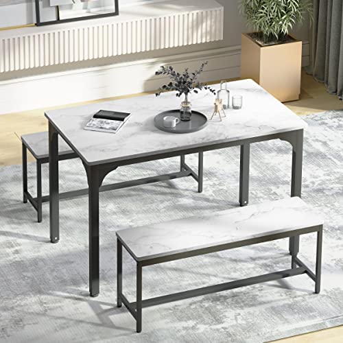 WiberWi Dining Table Set for 4, 47.3” Kitchen Dining Table, 3 Piece Kitchen Table and Chairs for 4, Heavy Duty Dining Room Table with Metal Frame & Faux Marble Tabletop for Kitchen Small Spaces