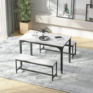 WiberWi Dining Table Set for 4, 47.3” Kitchen Dining Table, 3 Piece Kitchen Table and Chairs for 4, Heavy Duty Dining Room Table with Metal Frame & Faux Marble Tabletop for Kitchen Small Spaces