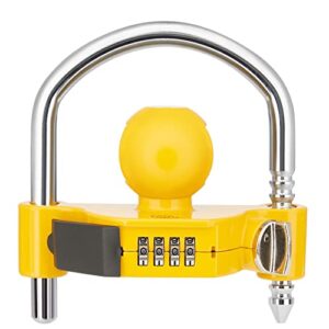 kemimoto upgrade code trailer hitch lock anti theft universal coupler ball tow adjustable storage security heavy-duty steel with combination design for 1-7/8 inch, 2 inch, 2-5/16 inch couplers yellow