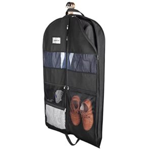 garment bags for travel, heavy duty 43" hanging suit bag for men, double sides zipper & 3 large mesh pockets, suit cover for traveling monogrammed closet clothes storage