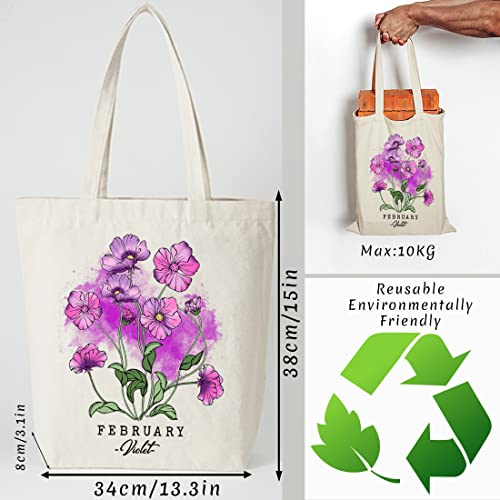 GZLDGIFTS Birth Month Flowers Canvas Tote Bag Birthday Gifts for Women Reusable Shopping Cloth Grocery Floral Tote Bags with Zipper Handles Christmas Wedding Favors Gift Beach Travel（Feb Violet）