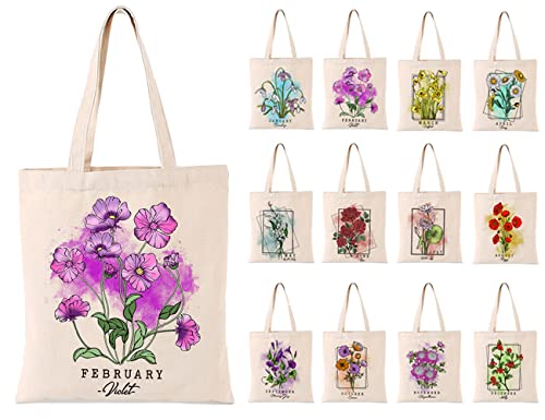 GZLDGIFTS Birth Month Flowers Canvas Tote Bag Birthday Gifts for Women Reusable Shopping Cloth Grocery Floral Tote Bags with Zipper Handles Christmas Wedding Favors Gift Beach Travel（Feb Violet）