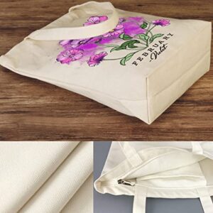 GZLDGIFTS Birth Month Flowers Canvas Tote Bag Birthday Gifts for Women Reusable Shopping Cloth Grocery Floral Tote Bags with Zipper Handles Christmas Wedding Favors Gift Beach Travel（Feb Violet）