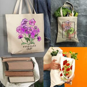 GZLDGIFTS Birth Month Flowers Canvas Tote Bag Birthday Gifts for Women Reusable Shopping Cloth Grocery Floral Tote Bags with Zipper Handles Christmas Wedding Favors Gift Beach Travel（Feb Violet）