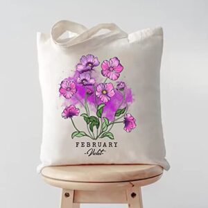 GZLDGIFTS Birth Month Flowers Canvas Tote Bag Birthday Gifts for Women Reusable Shopping Cloth Grocery Floral Tote Bags with Zipper Handles Christmas Wedding Favors Gift Beach Travel（Feb Violet）