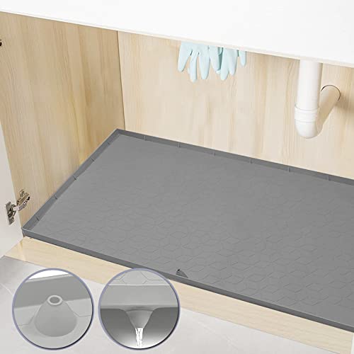 Under Sink Mat, 34" x 22" Flexible Silicone Under Sink Liner for Kitchen Waterproof Drip Tray with Drain Hole, Sink Cabinet Protector Bathroom Mats for Leaks, Spills, Water Drips (Gray)(Thick 1130g