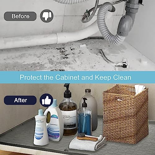 Under Sink Mat, 34" x 22" Flexible Silicone Under Sink Liner for Kitchen Waterproof Drip Tray with Drain Hole, Sink Cabinet Protector Bathroom Mats for Leaks, Spills, Water Drips (Gray)(Thick 1130g