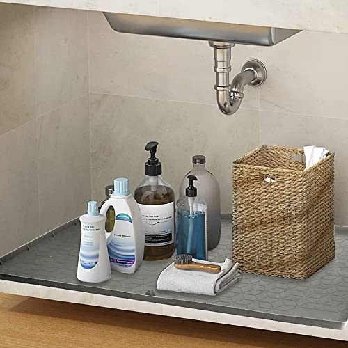 Under Sink Mat, 34" x 22" Flexible Silicone Under Sink Liner for Kitchen Waterproof Drip Tray with Drain Hole, Sink Cabinet Protector Bathroom Mats for Leaks, Spills, Water Drips (Gray)(Thick 1130g