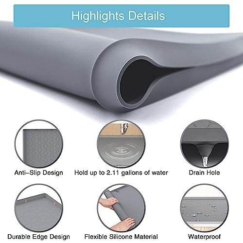 Under Sink Mat, 34" x 22" Flexible Silicone Under Sink Liner for Kitchen Waterproof Drip Tray with Drain Hole, Sink Cabinet Protector Bathroom Mats for Leaks, Spills, Water Drips (Gray)(Thick 1130g