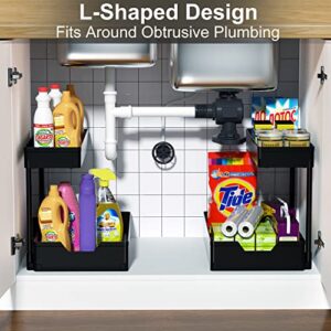 Under Sink Organizers and Storage, 2 Tier Sliding Shelf Bathroom Cabinet Organizer with Hooks, Hanging Cup, Multi-purpose Under Kitchen Sink Organizer, 1 Pack