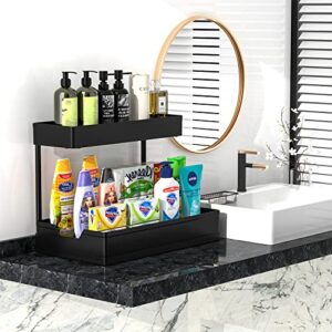 Under Sink Organizers and Storage, 2 Tier Sliding Shelf Bathroom Cabinet Organizer with Hooks, Hanging Cup, Multi-purpose Under Kitchen Sink Organizer, 1 Pack