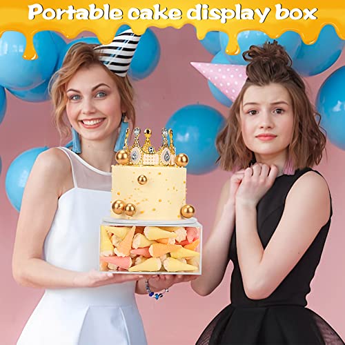 Nynelly Acrylic Cake Stand with Lid, Square Cake Riser Clear Cake Box Stand, Fillable Cube Pedestal Stands for Parties, Decorative Centerpiece for Wedding Birthday Party (2pcs, 8" Dx4”H; 12" Dx4”H)