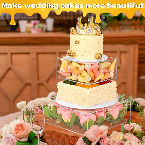 Nynelly Acrylic Cake Stand with Lid, Square Cake Riser Clear Cake Box Stand, Fillable Cube Pedestal Stands for Parties, Decorative Centerpiece for Wedding Birthday Party (2pcs, 8" Dx4”H; 12" Dx4”H)