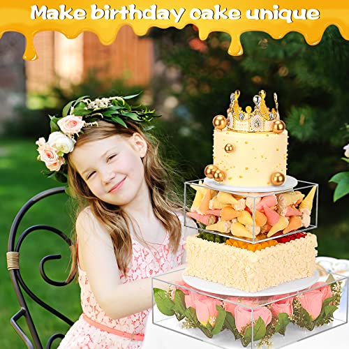 Nynelly Acrylic Cake Stand with Lid, Square Cake Riser Clear Cake Box Stand, Fillable Cube Pedestal Stands for Parties, Decorative Centerpiece for Wedding Birthday Party (2pcs, 8" Dx4”H; 12" Dx4”H)