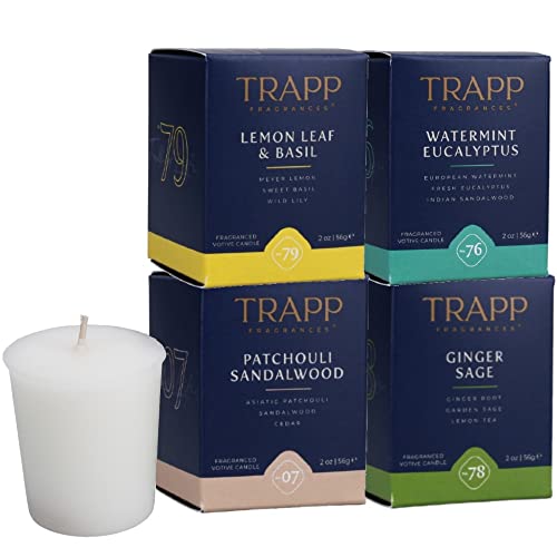 Trapp 2oz Votive Scented Candle Herbal Aromatherapy Variety, Set of 4 - No.76 Watermint Eucalyptus, No. 78 Ginger Sage, No. 79 Lemon Leaf & Basil, and No. 07 Patchouli Sandalwood