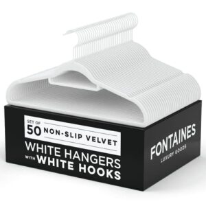 fontaines luxury white velvet felt non slip clothes hangers 50 pack - ultra slim & space saving - heavy duty swivel white hook for clothing, suit, top, tie, shirt, skirt & pant organization