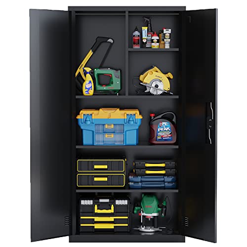 DHMAKER Metal Garage Storage Cabinet with 2 Doors, 72" Tall Locking Steel Storage Cabinet with Adjustable Shelves, Utility Storage Cabinet with Lock for Garage, Office, Home (Black)