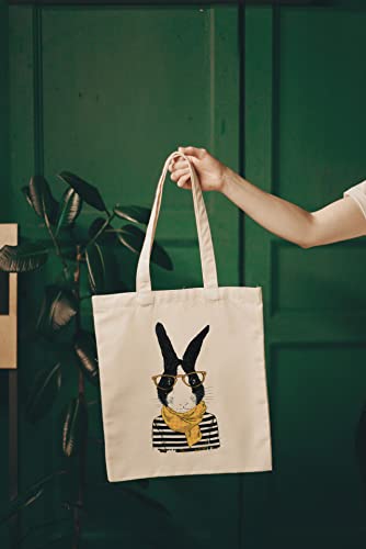 AYEBY Cool Rabbit Pattern Canvas Tote Bag with Zipper - Bold and Eye-Catching Reusable Grocery Bag for Women, Mothers, Friends, Teachers, White-Collar Workers, and Students…