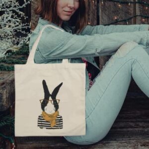 AYEBY Cool Rabbit Pattern Canvas Tote Bag with Zipper - Bold and Eye-Catching Reusable Grocery Bag for Women, Mothers, Friends, Teachers, White-Collar Workers, and Students…