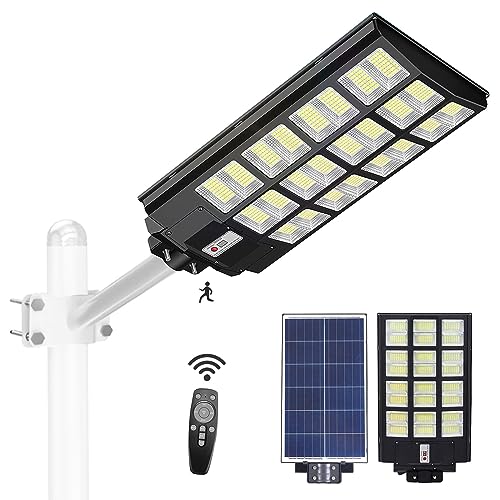 1000W Solar Street Lights Outdoor, Motion Sensor Led Solar Outdoor Lights with Remote Control & Arm Pole, 7000K 100000LM IP66 Waterproof Dusk to Dawn Solar LED Lights Lamp for Garden Yard