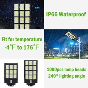 1000W Solar Street Lights Outdoor, Motion Sensor Led Solar Outdoor Lights with Remote Control & Arm Pole, 7000K 100000LM IP66 Waterproof Dusk to Dawn Solar LED Lights Lamp for Garden Yard