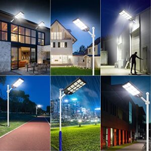 1000W Solar Street Lights Outdoor, Motion Sensor Led Solar Outdoor Lights with Remote Control & Arm Pole, 7000K 100000LM IP66 Waterproof Dusk to Dawn Solar LED Lights Lamp for Garden Yard