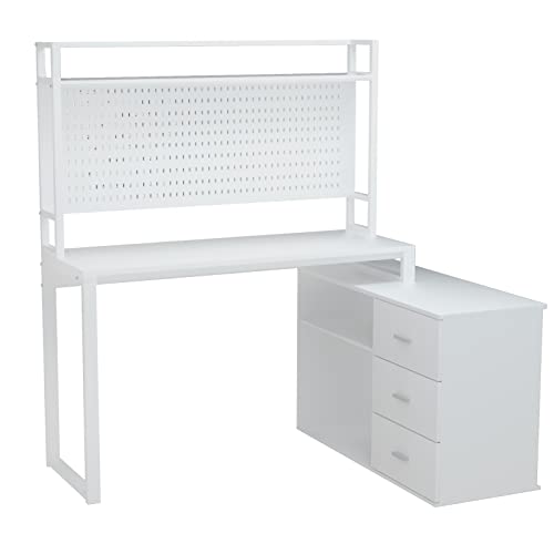 PAKASEPT Home Office Computer Desk L Shaped Desk, Reversible Corner Desk with Drawers & Shelves & Pegboard, White Desk Study Writing Table for Home Office